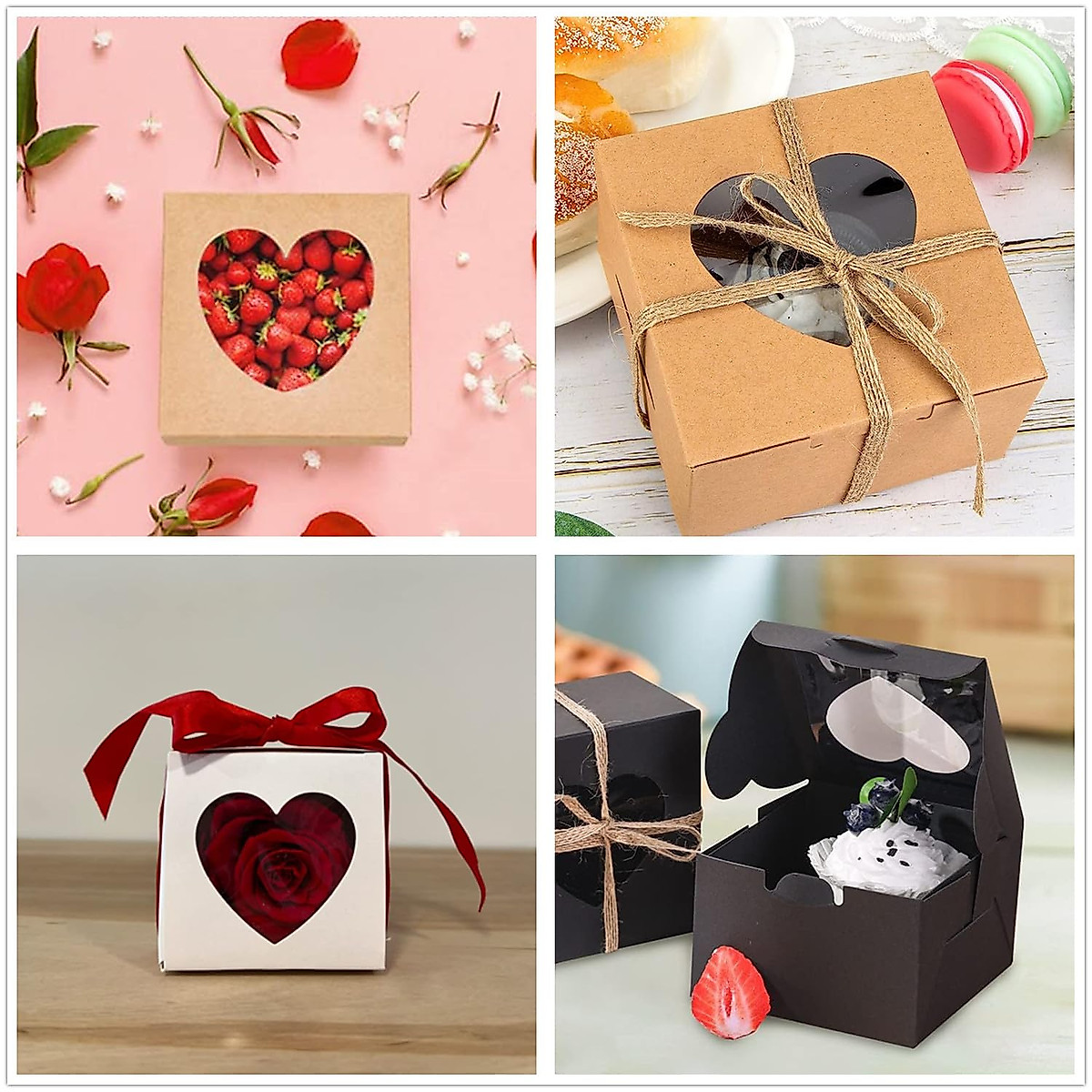 Gbateri 50 Pack Small Bakery Boxes with Window 4x4x2.5 Inch - Mini Cake Boxes- 4 Inch Cookie Boxes - Pastry Boxes - Small Treat Boxes - Dessert Boxes for Cupcakes Donuts Strawberries Muffins (Black)