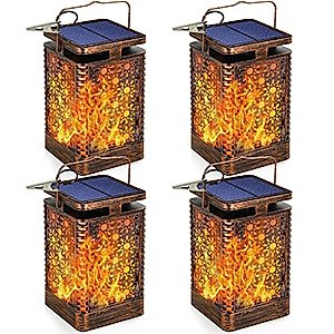Solar Lanterns Outdoor Waterproof, Flickering Flame Outdoor Hanging Solar Lanterns Retro Solar Lights with Handle, Decorative Outdoor Lighting Solar Powered Umbrella Lights for Patio Garden 4 Pack