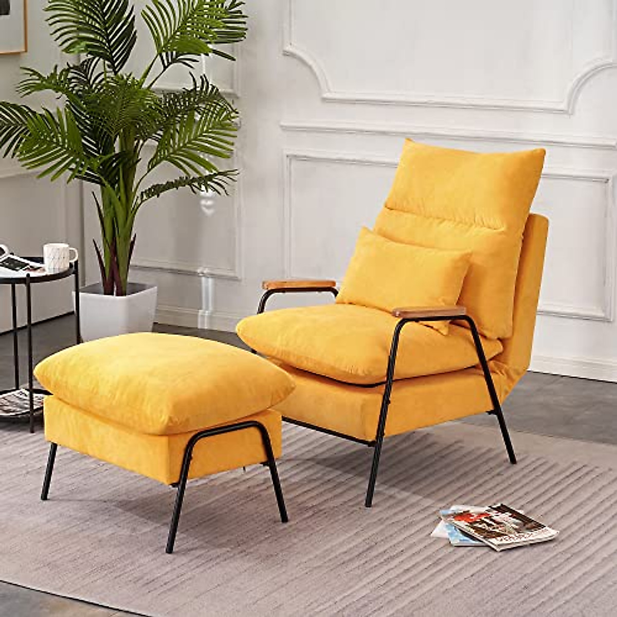 MCombo Modern Accent Recliner with Ottoman, Linen Fabric Armchair with Adjustable Backrest, Single Sofa Chair for Living Room Bedroom 4055 (Yellow)