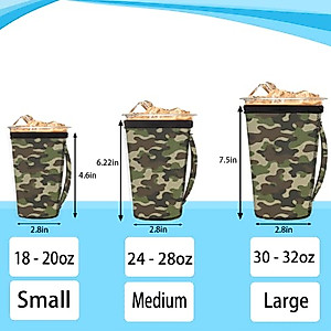 Green Camouflage Camo Ice Iced Coffee Sleeve with Handle Reusable Cup Cover Neoprene Coffee Sleeves Insulator Cup Sleeve Holder for Summer Cold Drinks Coffee Beverages Size L for 30-32 oz