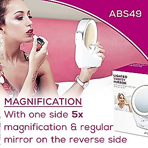 5x Magnifying Double-Sided Cosmetic Vanity Makeup Mirror Illuminated LED Lights, 360° Degree Swivel Rotation, On/Off Button, Chrome Finish, Cordless, Batteries Included, ABS49