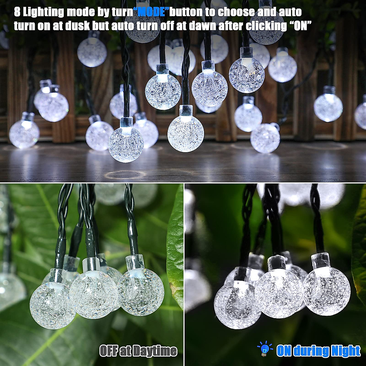 4-Pack 128FT 240 LED Solar String Lights Outdoor, Waterproof Crystal Globe Fairy Light Strings, Daylight White Shatterproof Patio Lights, 8 Lighting Modes Hanging String Lights for Porch Garden Party