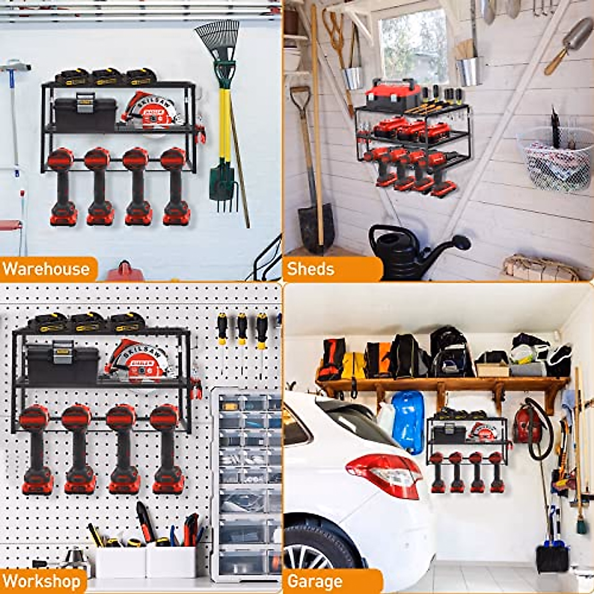 Dosker Tool Shelf & Organizer Wall Mounted Garage Storage Rack 3 Layers Heavy Duty Metal Drill Holder Utility Storage Rack Garage, Workshop and Warehouse for Dad Gifts 2PC