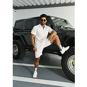KUYIGO Men's Polo Shirt and Shorts Set Summer White Beach Outfits for Men2 Piece Tracksuit White 3XL