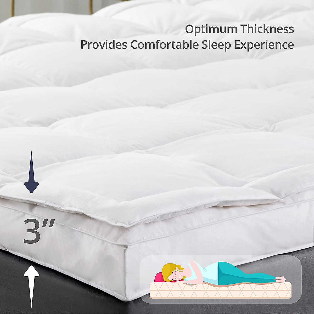 puredown® Premium White Goose Overfilled Bed Topper 100% Cotton Fabric Mattress Pad, King, Alternative and Feather