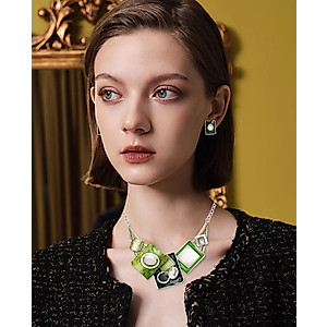 CSY Fashion Oval Crystal Opals Statement Bib Necklace Earrings Silver Plated Bohemian Costume Jewelry Set Gifts for Women (green)