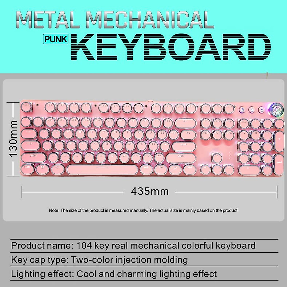 Pink Gaming Keyboard, Round Keycaps Mechanical Keyboard, Retro Punk Typewriter Keyboard, Pink and White Backlight, USB Wired, for Computer(Pink Punk)