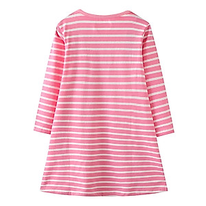 HILEELANG Little Girls Cotton Long Sleeve Casual Pink Stripe Cartoon Appliques Striped Jersey Dresses 5T