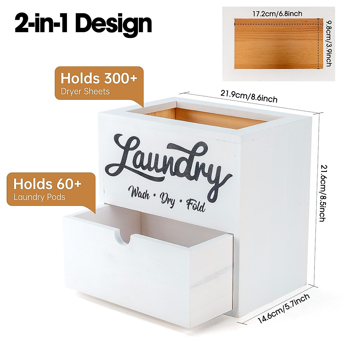 AlevaHive Dryer Sheet Holder with Drawer and Lid - Space Saving for Laundry Room Organization and Storage - Wood Dryer Sheet Dispenser Container - Laundry Pod Container for Laundry decor - White