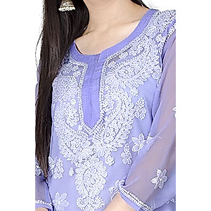 Chandrakala Hand Embroidered Chikankari Kurti for Women Faux Georgettte Semi Transparent Indian Ethnic Tunic Dress,X-Large (K161PUR4) Purple