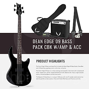 Dean Edge 09 Bass and Amp Pack - Black Dean Edge 09 Bass Guitar, Bass Amp, Gig Bag, Tuner, Cord, Strap, Picks + Guitar Care Kit Accessory Bundle