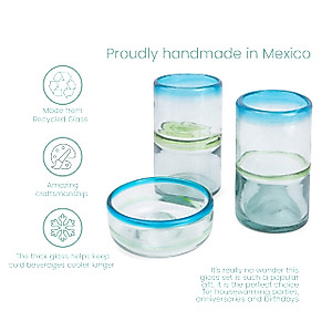 Hand Blown Mexican Drinking Glasses – Large Size – Set of 2 16-Ounce Glasses - Aqua Rim – Thick Handmade Glassware – Traditional Mexican Design – Salt Rimmer Included – Great for Margaritas & More