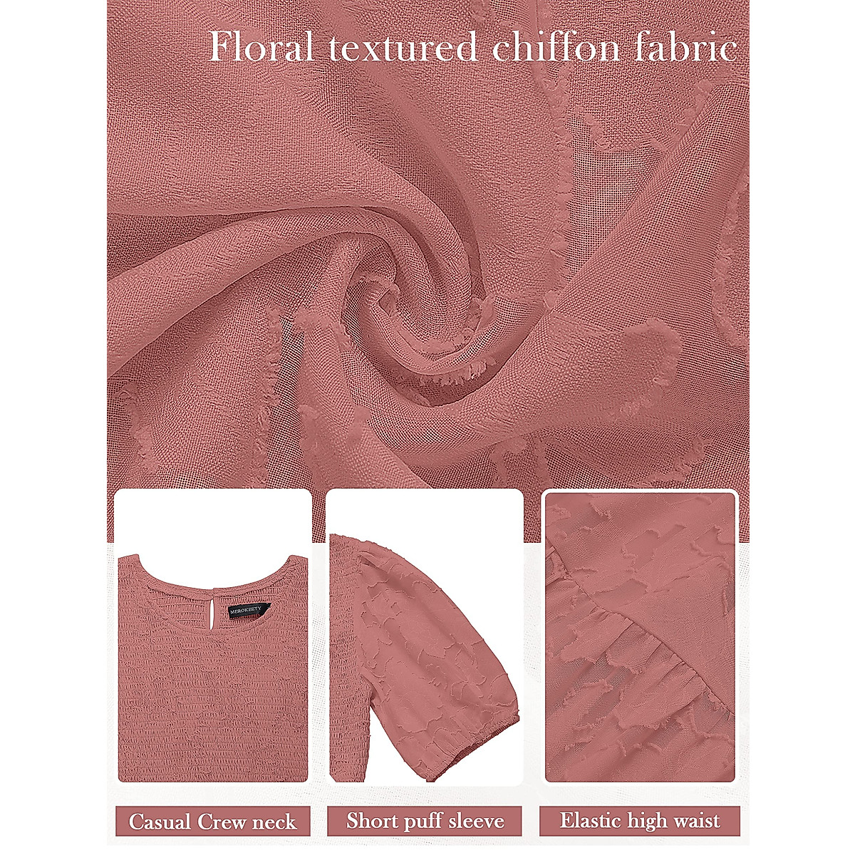 MEROKEETY Women's 2025 Summer Cute Bubble Sleeve Shirred Bohemian Dress Flowy Pleated Midi Long Dresses,Tearose,L