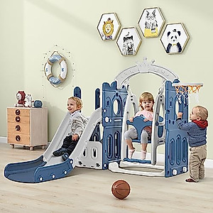 Virubi 5-in-1 Slide with Swing Set, Freestanding Baby Slide Set with Climber, Basketball Hoop and Storage Space, Slide & Swing Playset for Toddlers Age 1+ Outdoor Indoor Playground (Blue & White)