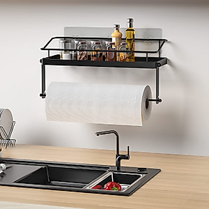 Adhesive Paper Towel Holder Shelf, 2-in-1 Wall Mounted Black Paper Towel Roll Rack Basket for Kitchen,Shower Bathroom & Balcony,Rustproof,No Drilling,SUS 304 Stainless Steel