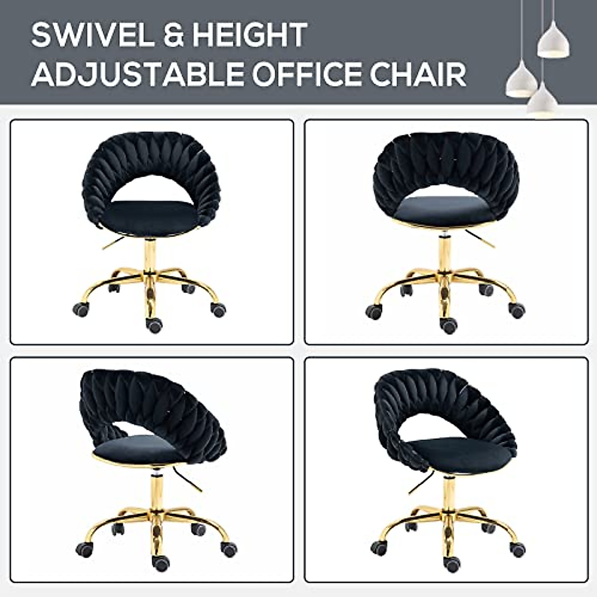 NIOIIKIT Swivel Velvet Home Office Chair, Upholstered Desk Chair, Modern Accent Armchair, Tufted Computer Task Stools with Gold Base for Girls, Women, Study, Living Room (Black)