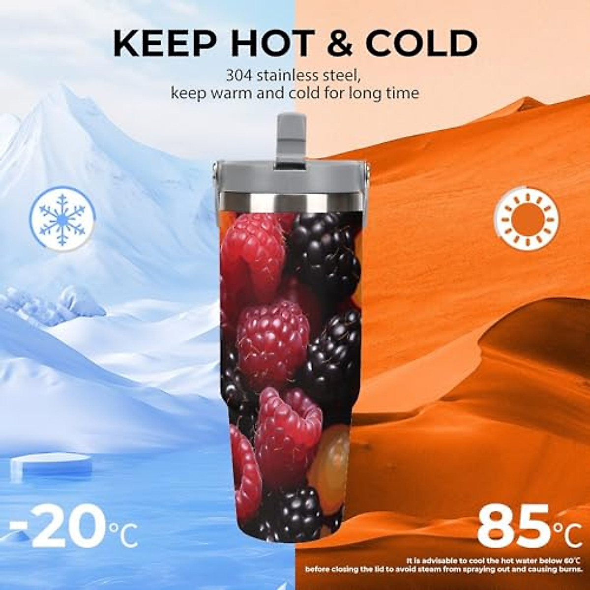 Black And Red Fruits Tumbler 30oz Large Capacity Car Cup with Handle Fit in Any Car Cup Holder Stainless Steel Leakproof Insulated Coffee Tumblers with Lid And Straw