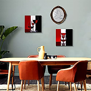 Gardenia Art - Wine Canvas Paintings Wall Art Pictures Abstract Wine Glass in Red Black White for Kitchen Bedroom Living Room Decoration, 12x12 inch per Piece, 2 Pieces per Set
