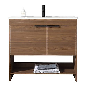 Bathroom Vanity with Integrated Ceramic Sink - Bathroom Vanity with Sink & Modern Knob Design - Bathroom Vanities with Sturdy Marble Top & Soft Closing Doors (36 Inch) Walnut