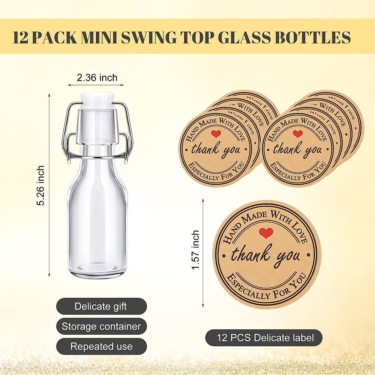 ZSMKJIAYE 12 Pcs Mini Flip Top Glass Bottle with Stoppers 4 oz Mini Swing Top Bottles Small Glass Bottles with Lid Kraft Adhesive Round Stickers for Wedding Themed Party Favors