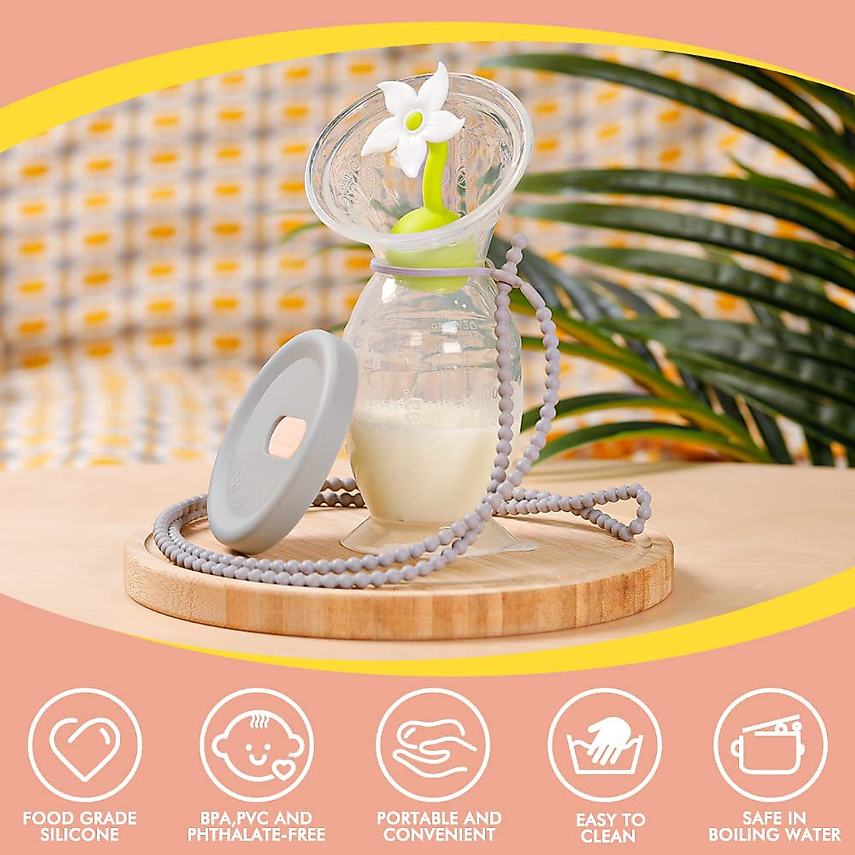 haakaa Manual Breast Pump 150ml with Flower Stopper, Silicone Lid & Silicone Strap Set Breastfeeding Essentials