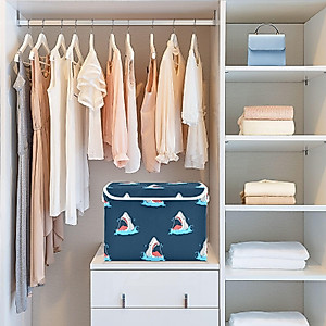 VIGTRO Large Collapsible Storage Bins with Lids Hand Drawn Shark, Summer Storage Baskets Organizer Containers with Handles for Home Bedroom Office