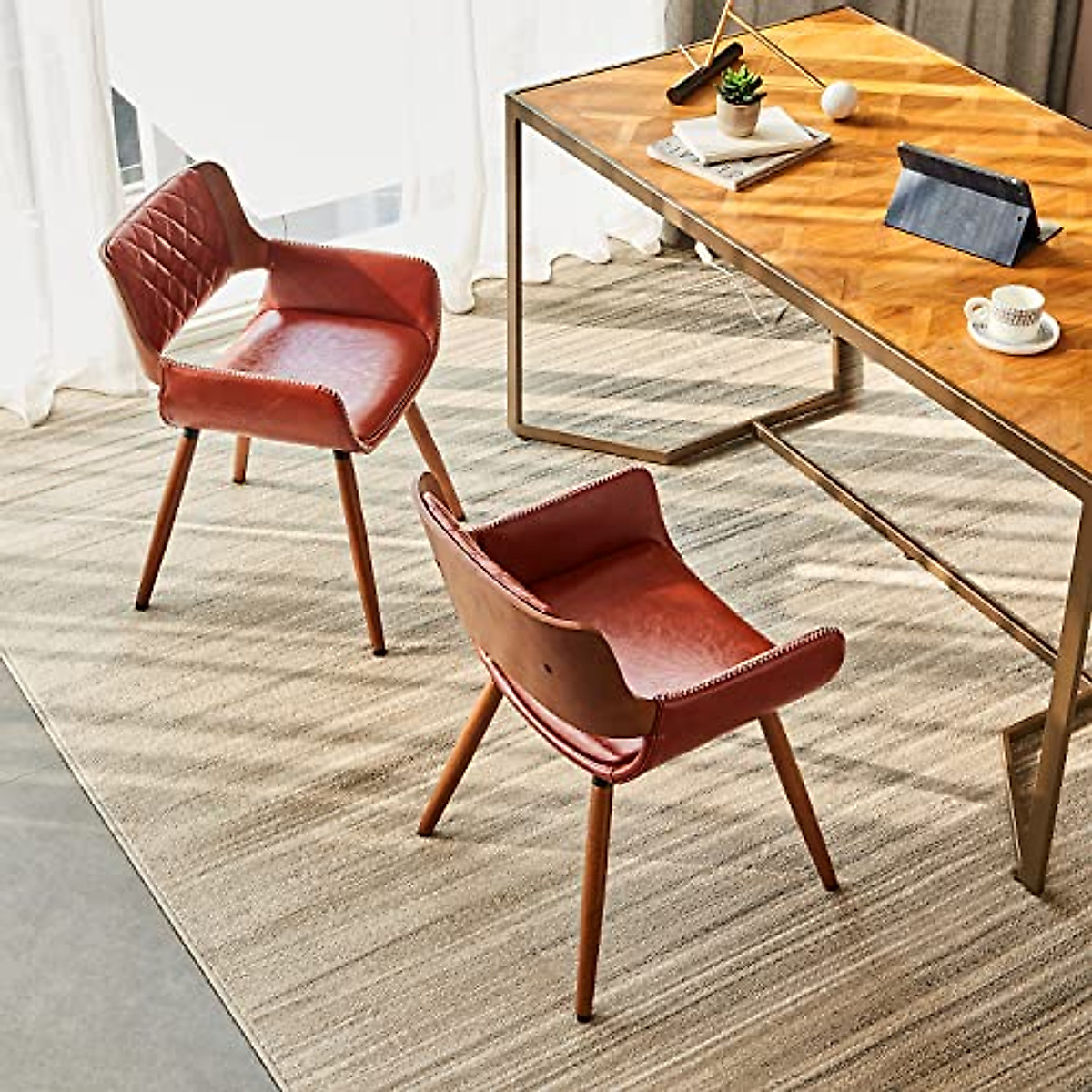 ARTPLAN Mid-Century Modern Accent Bamboo Small Arm Chair with PU Upholstered Dining Chair for Living Room, Set of 2