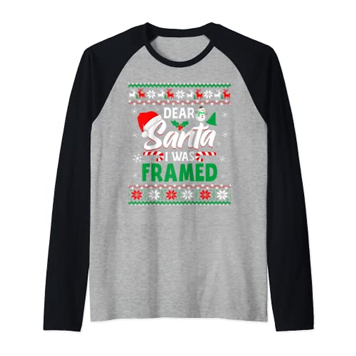 Dear Santa I Was Framed Christmas Stocking Stuffer Gift Ugly Raglan Baseball Tee