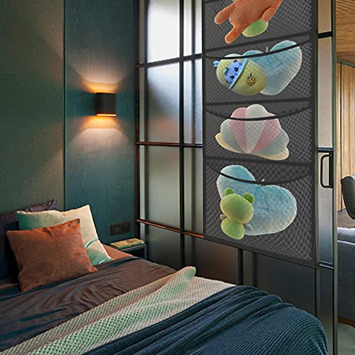 Stuffed Animal Storage, Over The Door Organizer Storage for Filling Stuff Toys, Stuffed Animals Holder with 5 Pockets, Foldable Hanging Storage Holder Storage Bag with 4 Compartments