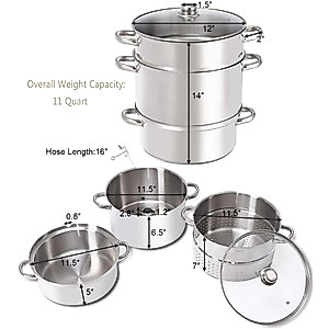 FANTASK 11-Quart Steam Juicer, Pasta Pot with Tempered Glass Lid, Hose, Clamp, Safe Loop Handle, Easy to Use, Stainless Steel Steamer Pot for Cooking Fruit Vegetable, Silver