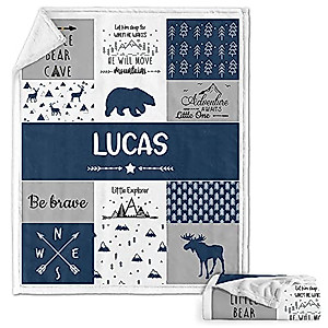 SANDJEST Personalized Baby Blanket Woodland Theme Animal Custom Name Baby Boy Fleece Throw Blanket Customized Gift for Baby New Mom Newborn Shower