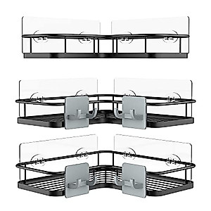 Zaspaver Black Corner Shower Caddy Organizer Shelf Shelves Basket with Hooks, Bathroom Adhesive Shampoo Holder 3 Pack, Drill Free No Rust