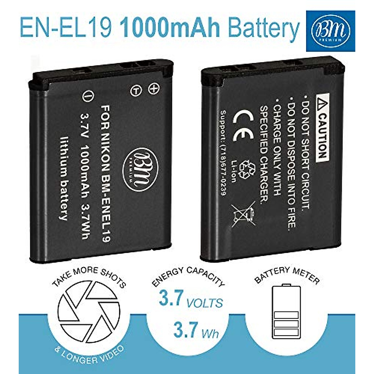 BM 2 EN-EL19 Batteries and Charger for Nikon Coolpix A300, W100, W150, S33, S100, S3100, S3200, S3300, S3500, S3600, S3700, S4100, S4200, S4300, S5200, S5300, S6400, S6500, S6800, S6900, S7000 Cameras