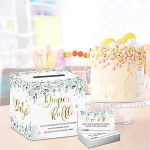 WideIdeal 51Pcs Diaper Raffle Sign, Baby Shower Game Diaper Raffle Card Box Party Decorations Game Kit (1 Raffle Box + 50 Cards) Neutral Greenery WI01