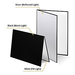 Meking 3 in 1 Photography Reflector Cardboard, 17 x 12 inches Folding Light Diffuser Board for Still Life, Product and Food Photo Shooting - Black, Silver and White, 2 Packs