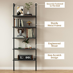 Flamaker 5-Tier Bookshelf Industrial Wall Mount Ladder Bookshelf, Wood Board and Metal Frame, Modern Tall Narrow Storage Organizer for Home Office (Black)