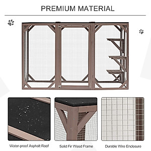 PawHut Outdoor Cat House, Catio Wooden Feral Cat Shelter, Cat Cage with Platforms, Large Enter Door, Weather Protection Asphalt Roof, 71" L, Brown