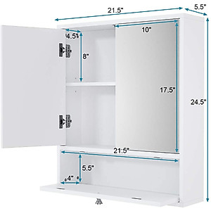 LUARANE Bathroom Medicine Cabinet, Wall Mounted Cabinet with Double Mirror Door Pull-Down Door, Storage Organizer Cabinet with Adjustable Shelf, Mirror Cabinet for Bathroom Living Room, White