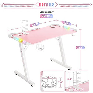 HomeMiYN Gaming Desk with LED Lights, 43.3'' Z Shaped RGB Effect Lighting Ergonomic Computer Game Desk PC Table Workstation with Headphone Hook & Cup Holder, Pink