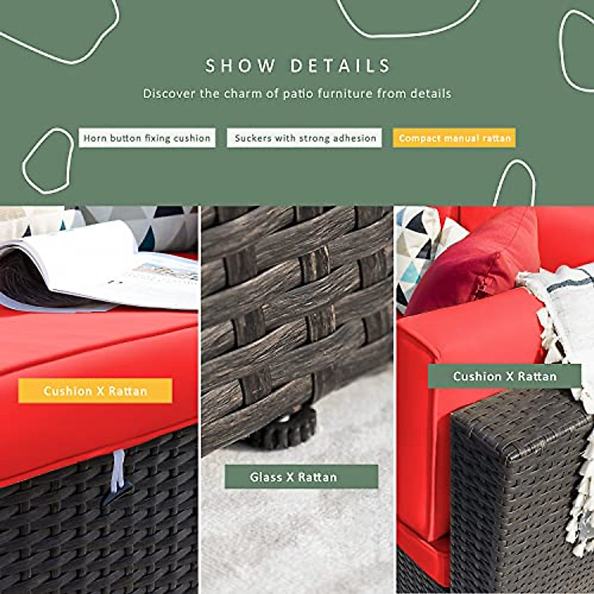 Devoko 2 Pieces Patio Furniture Sofa Sets Outdoor All-Weather Sectional Corner Sofa and Armless Sofa (Red)