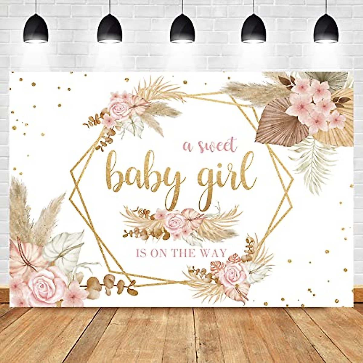 Homewelle Boho Bohemian Floral Sweet Baby Girl Backdrop 7Wx5H Feet Polyester Fabric Baby Shower Blush Pink Flower Pampas Grass Gold Party Decoration Newborn Photography Background Photo Shoot Prop