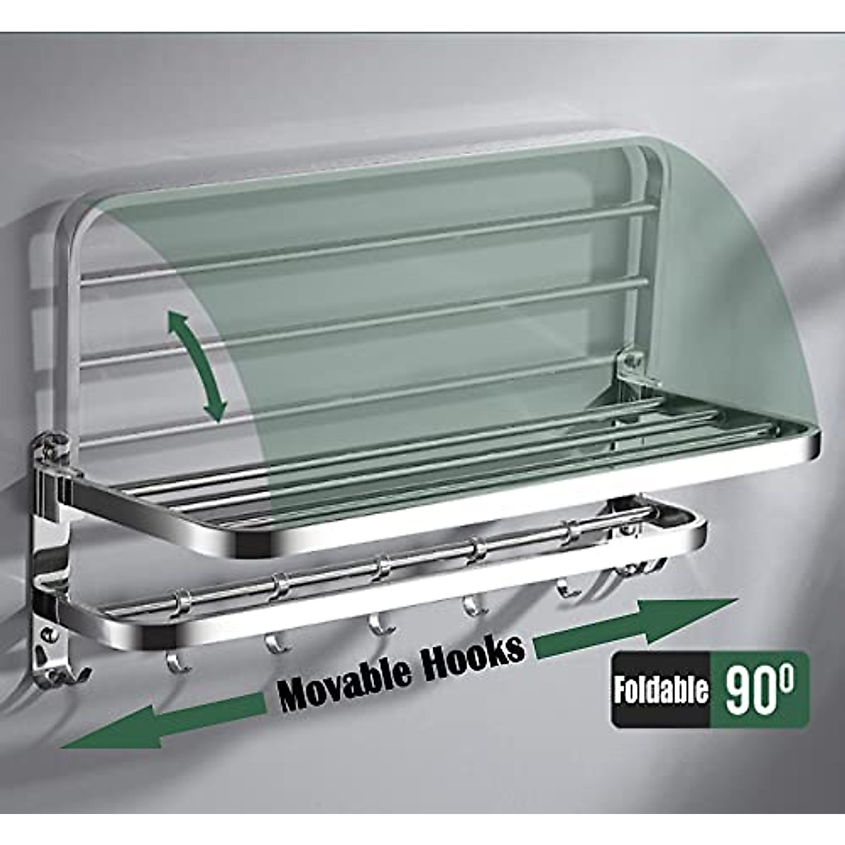 NAAKABE Bathroom Foldable Towel Rack,SUS 304 Stainless Steel Wall Mounted Towel Shelf wih No Drill, 6 Removable Hooks and Adjustable Towel Bar, Double Towel Bar Holder