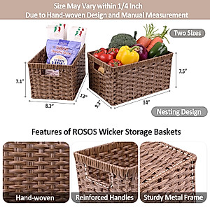 ROSOS Wicker Baskets 2 Pack, Rectangular Wicker Storage Basket with Handles, Waterproof Plastic Large Wicker Baskets for Storage, Nesting Hand-Woven Storage Baskets for Pantry Storage