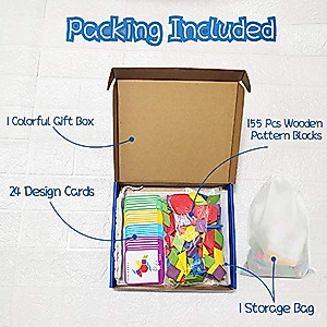 Wooden Pattern Blocks Set for Classroom 155 Pcs Tangram Blocks for Kids Geometric Shape Puzzle Kindergarten Classic Educational Montessori Best STEM Fat Brain Toys Ages 4-8 with 24 Pcs Design Cards