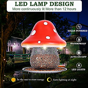 Red Bird Feeders, Mushroom Solar Bird Feeder for Outdoor Hanging, Metal Bird Feeder for Cardinal, Finche, Blue Jays, Chickadee, Sparrow and Wild Birds 3.5 lbs Seed Capacity, Gift for Bird Lovers