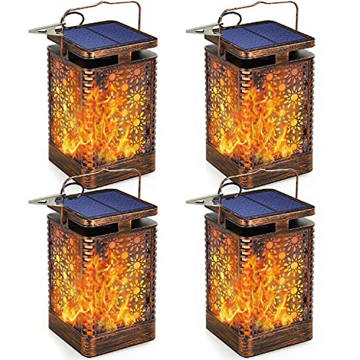 Solar Lanterns Outdoor Waterproof, Flickering Flame Outdoor Hanging Solar Lanterns Retro Solar Lights with Handle, Decorative Outdoor Lighting Solar Powered Umbrella Lights for Patio Garden 4 Pack