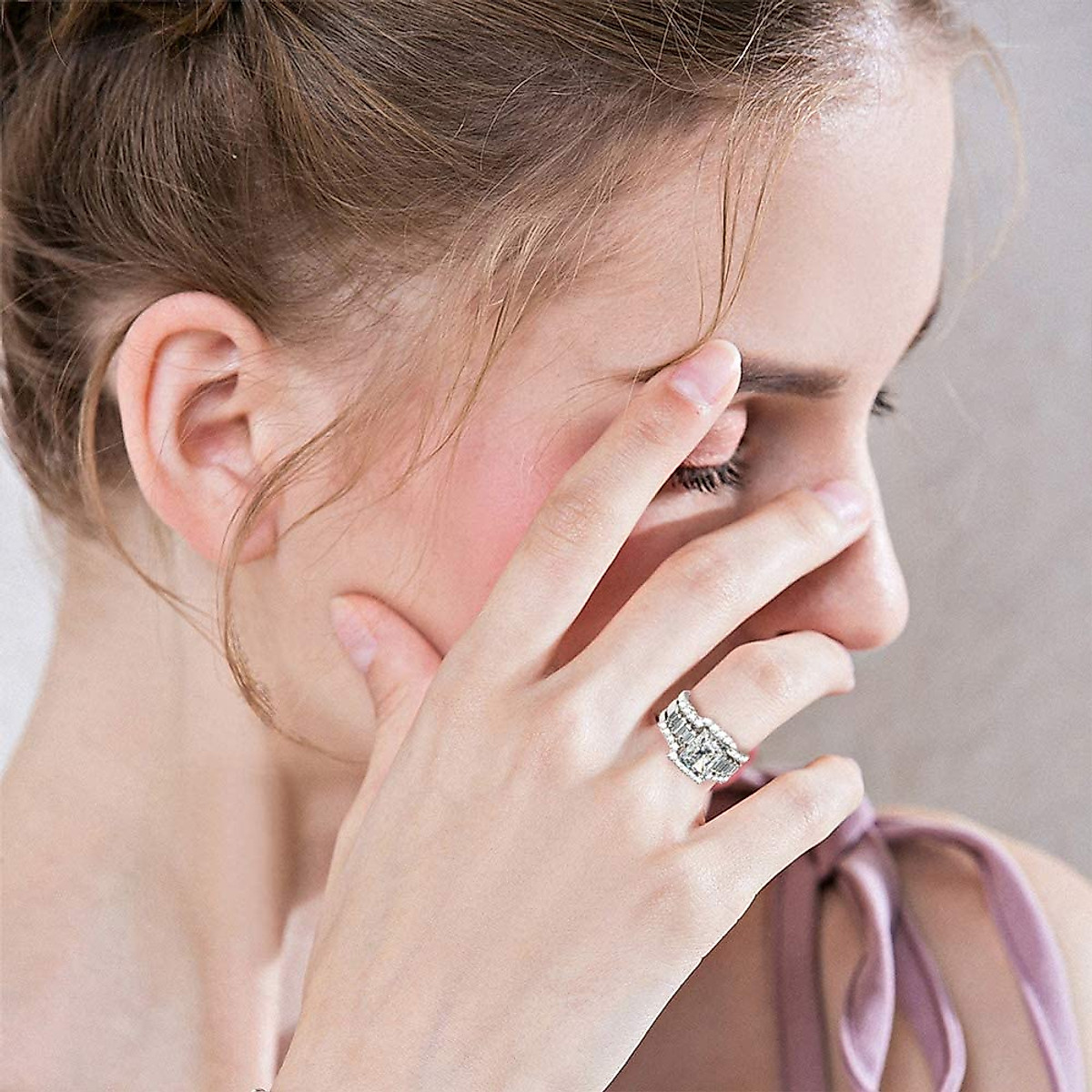 Jeulia 3 PC Wedding Ring Set 5.2ct Radiant Cut Moissanite Engagement Ring for Women 925 Sterling Silver Ring Cubic Zirconia Diamond Eternity Bands Anniversary Promise Ring Bridal Set (6)