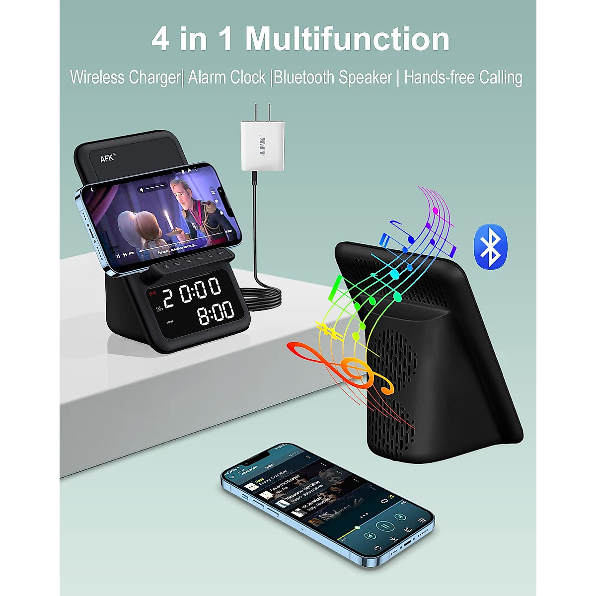 AFK Wireless Charging Station with Bluetooth Speaker and Alarm Clock, 4 in 1 Wireless Charger Compatible with iPhone15 14 13 12 11 Pro Max Series,Samsung Series and Other Android Phones(Black)
