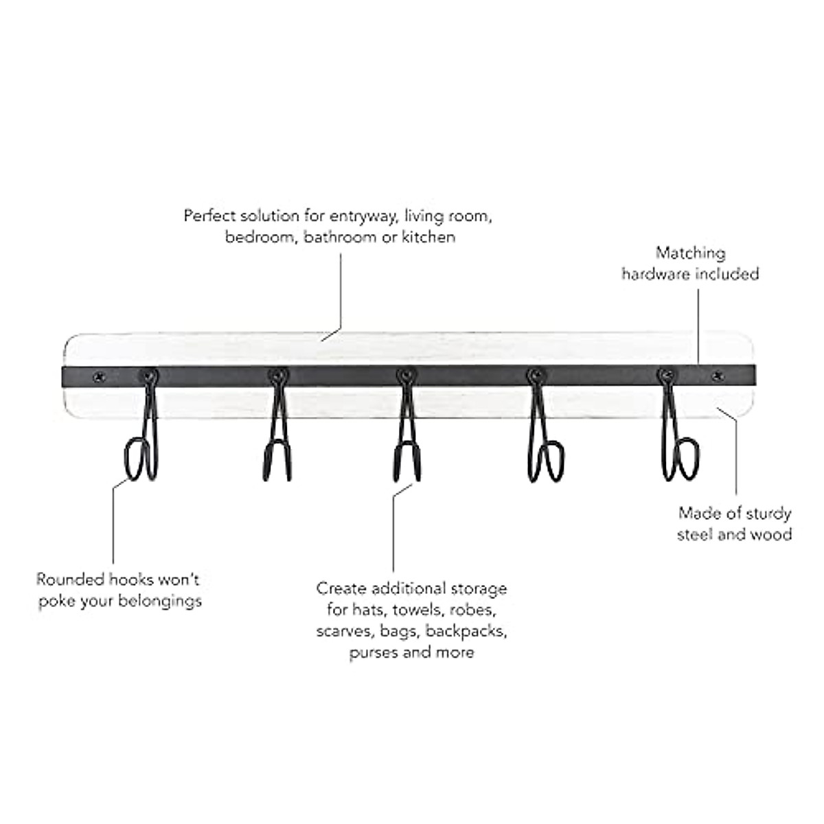 Spectrum Diversified Wall Mount 5-Hook Wood Rack for Entryway Storage and Organization, White Wash/Industrial Gray