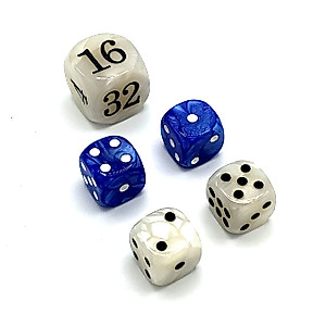 Luck Lab Backgammon Pearl Dice Set - 22 mm Doubling Cube Plus Four 16 mm Dice with Bonus Bag, Blue/White Marbelized